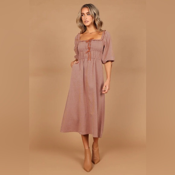 Crescent | Dresses | Petal Pup Georgette Puff Sleeve Midi Dress Brown ...
